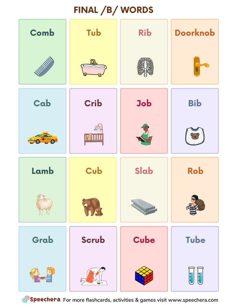 Free Final B Sound Articulation Flashcards Worksheet PDF | Speech Era