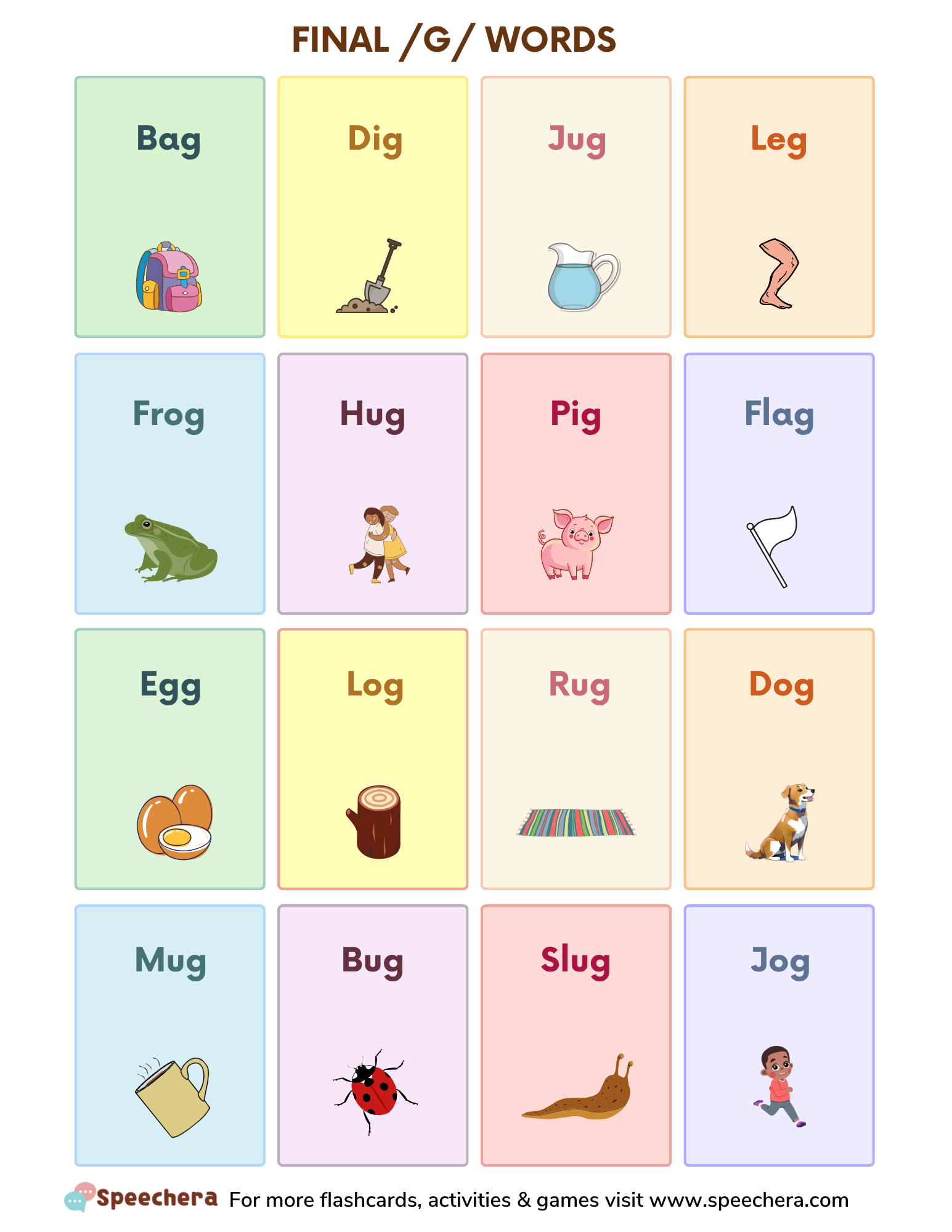 Free Final G Sound Articulation Flashcards Worksheet PDF | Speech Era