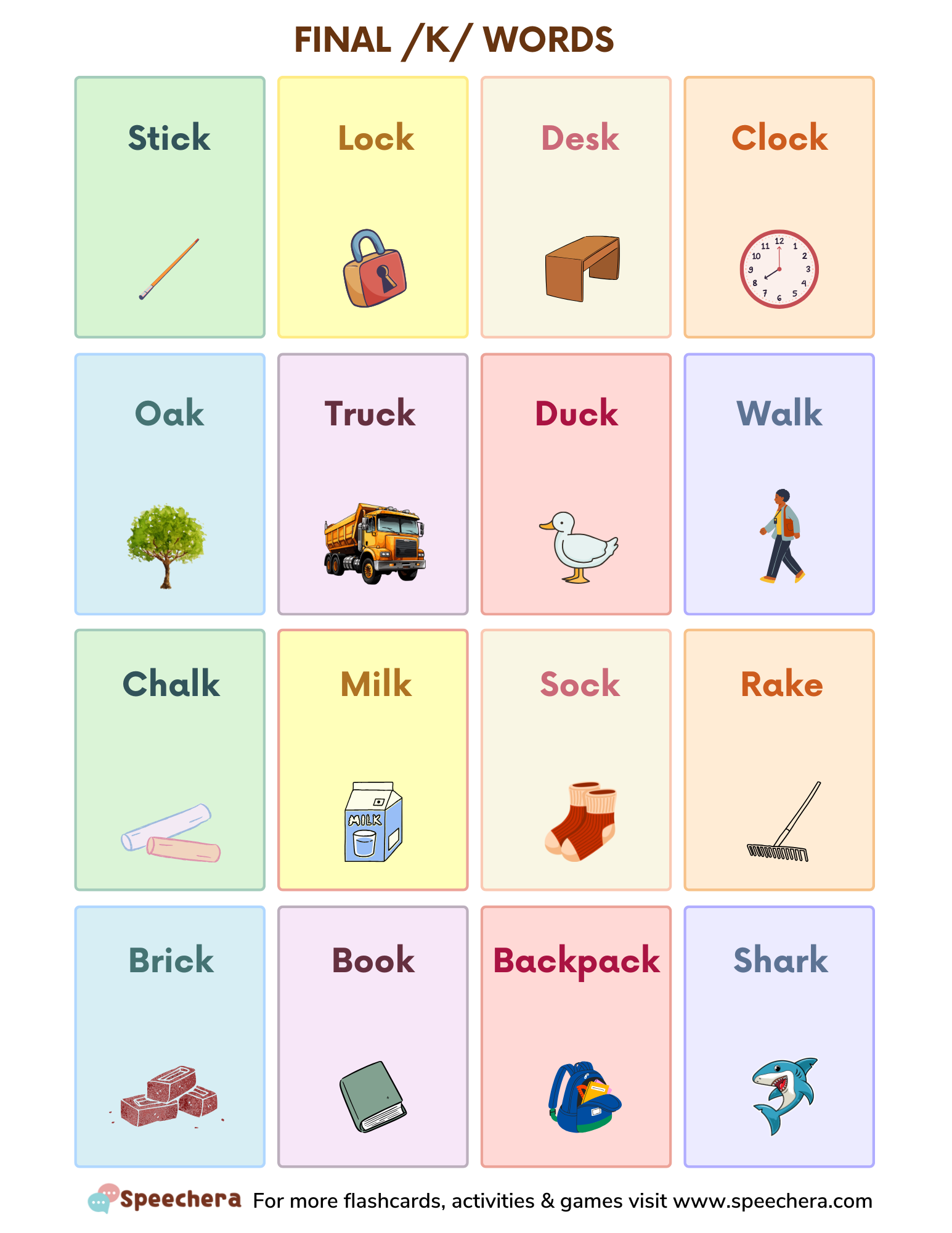 Free Final K Sound Articulation Flashcards Worksheet PDF | Speech Era