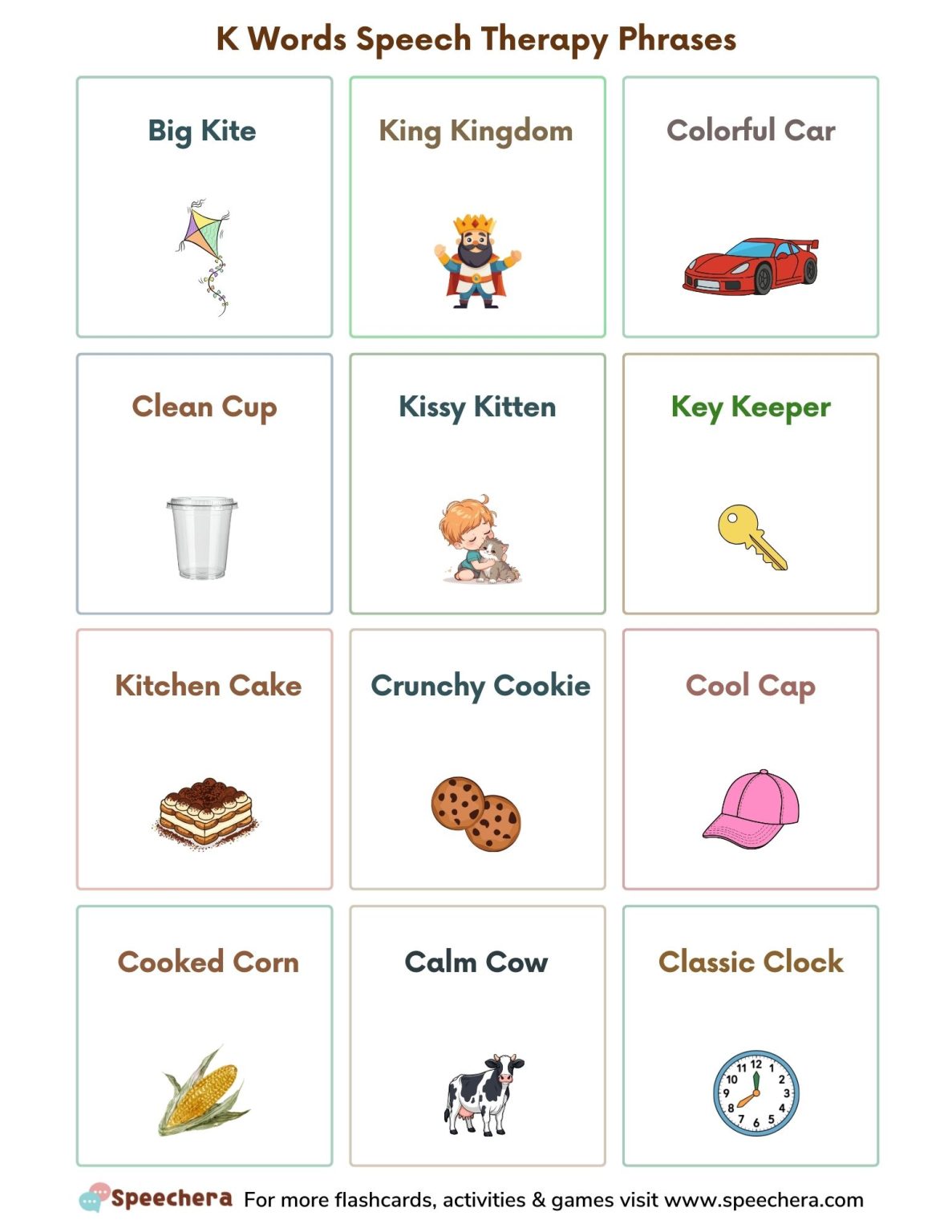 K Words Speech Therapy Phrases Worksheet | Speech Era