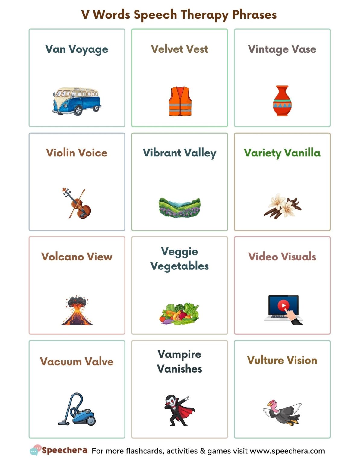 V Words Speech Therapy Phrases Worksheet | Speech Era