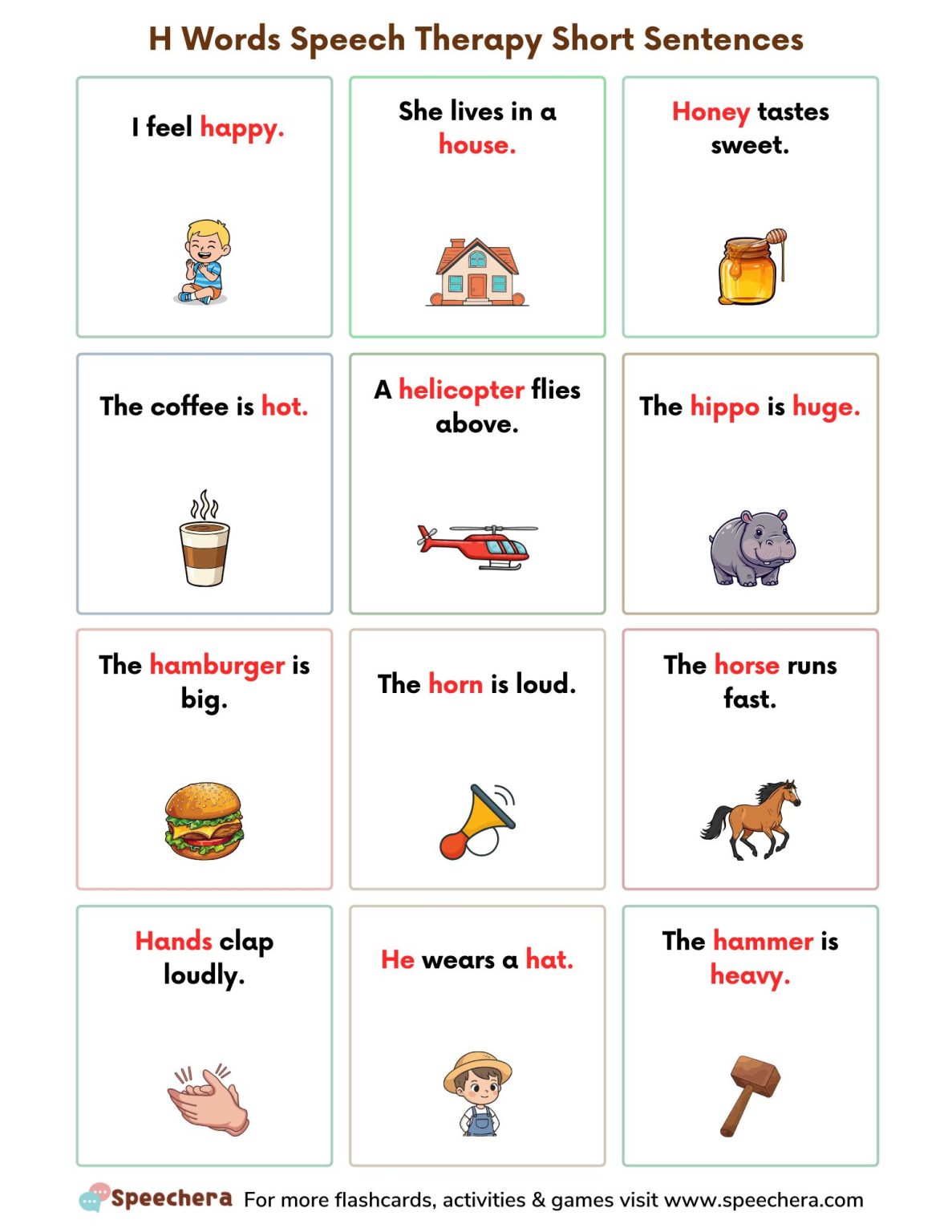 H Words Speech Therapy Short Sentences Worksheets | Speech Era
