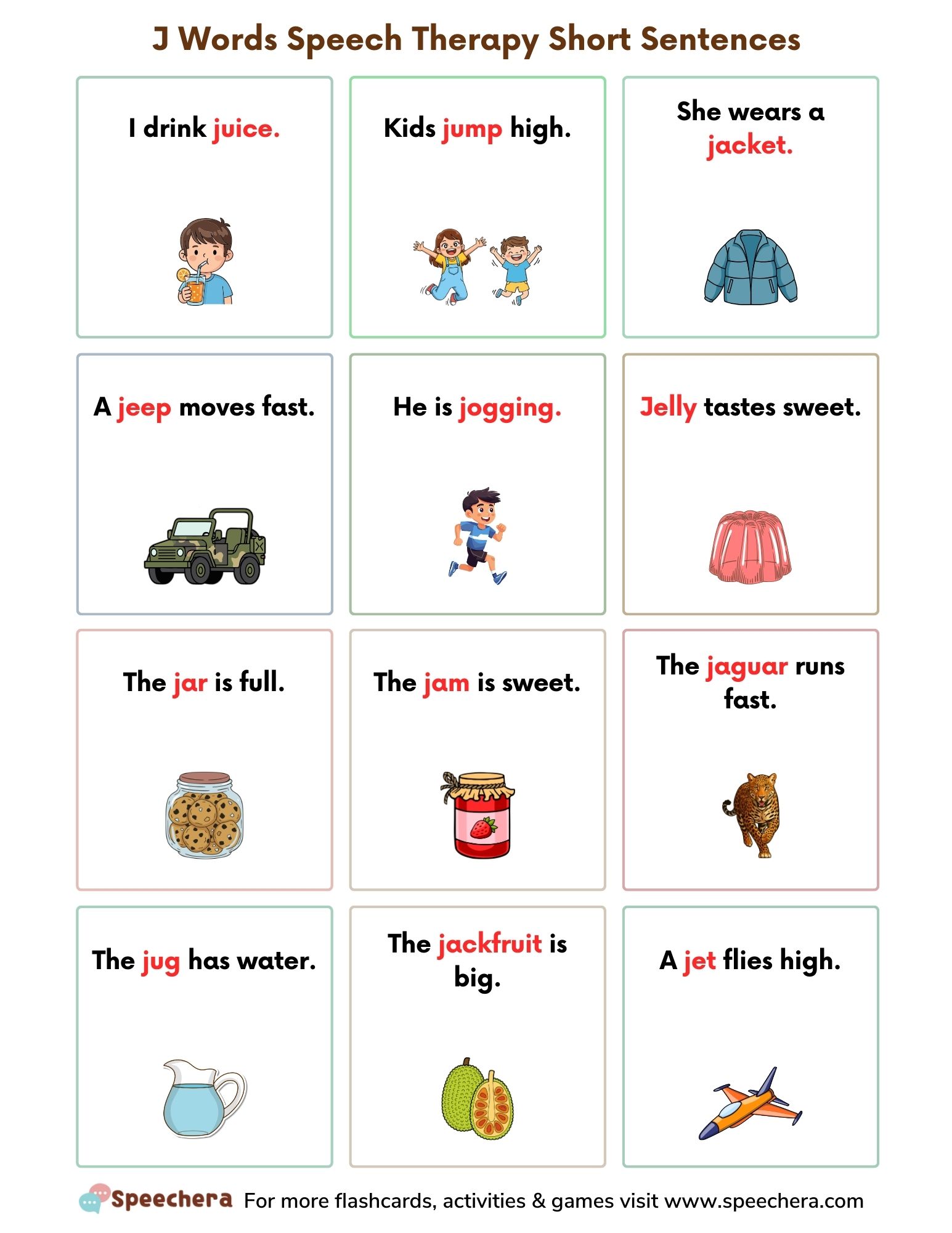 J Words Speech Therapy Short Sentences Worksheets | Speech Era