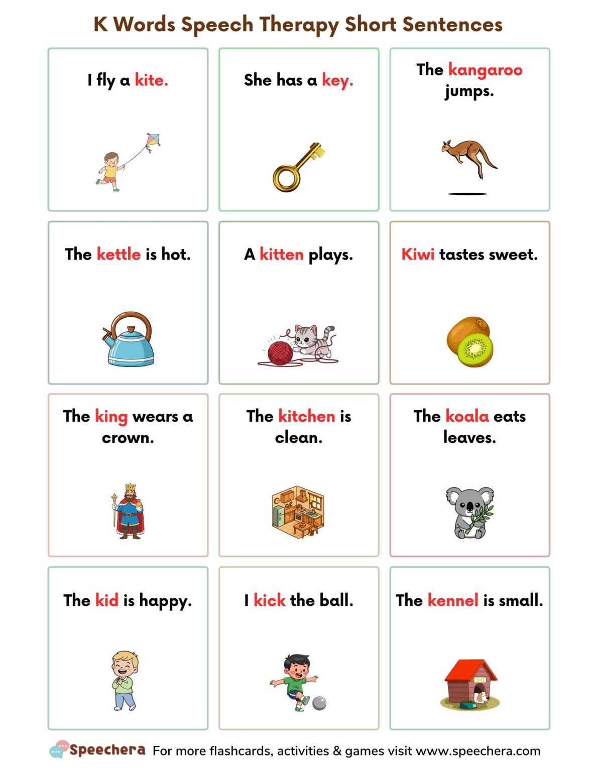 K Words Speech Therapy Short Sentences Worksheets | Speech Era