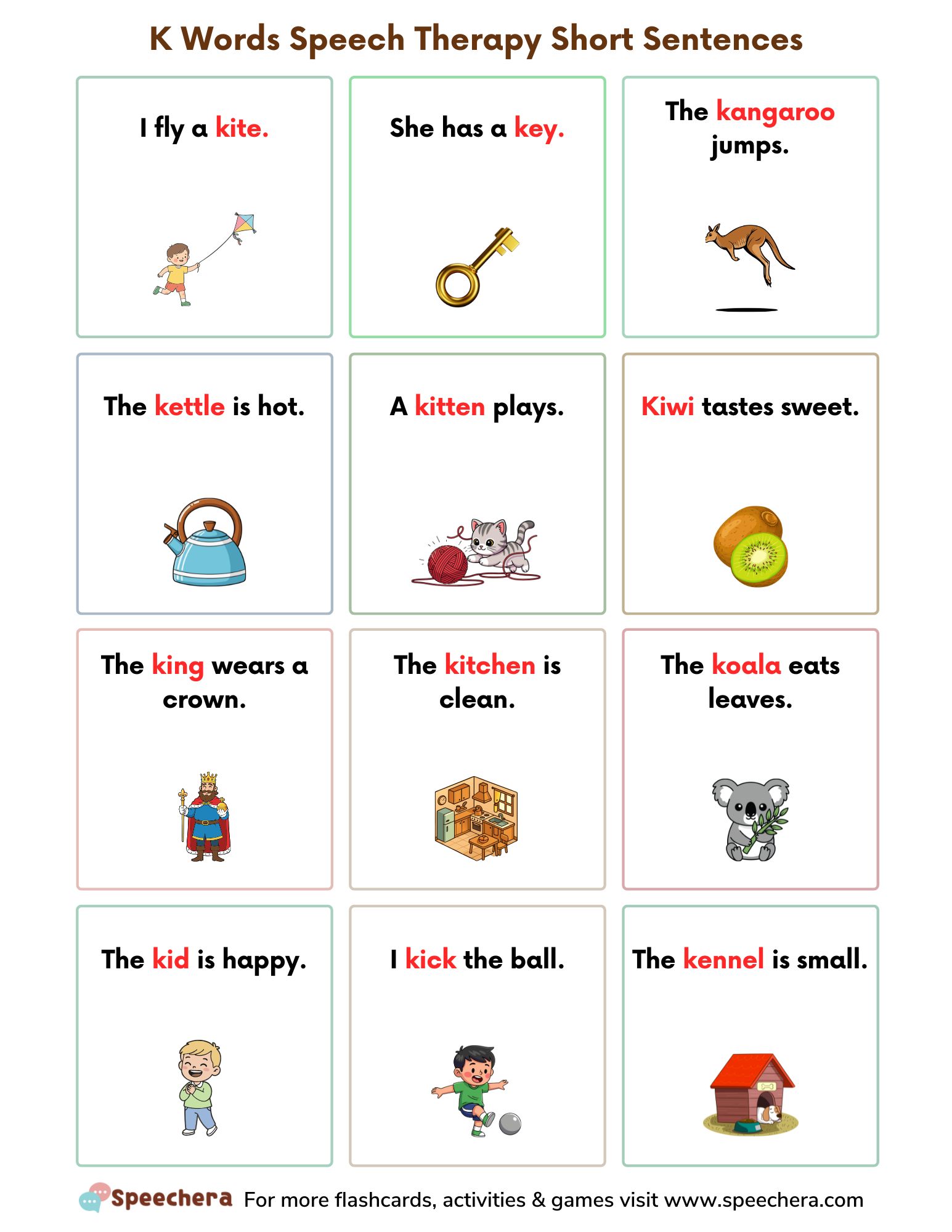 K Words Speech Therapy Short Sentences Worksheets | Speech Era