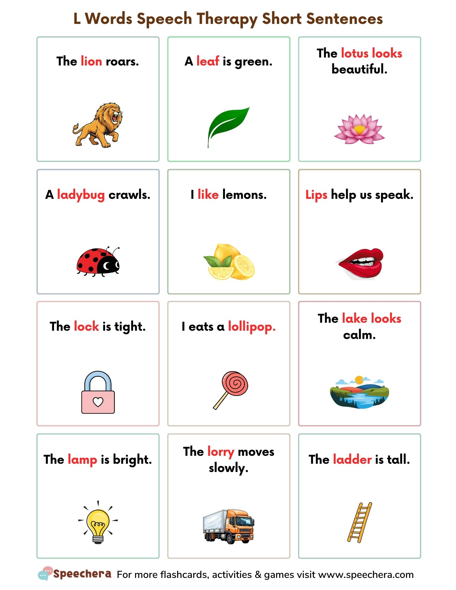 L Words Speech Therapy Short Sentences Worksheets | Speech Era