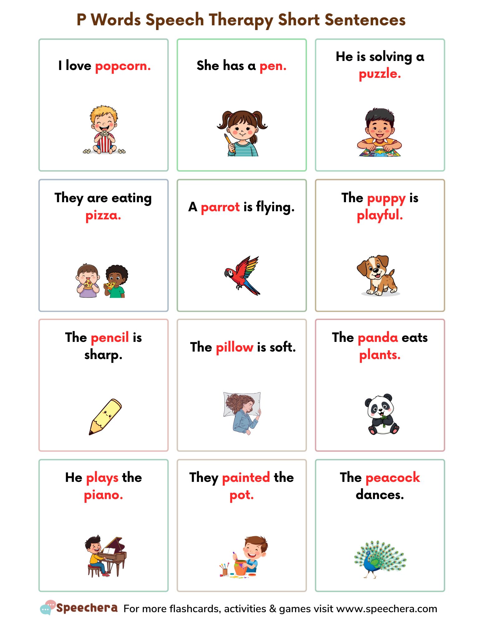P Words Speech Therapy Short Sentences Worksheets | Speech Era