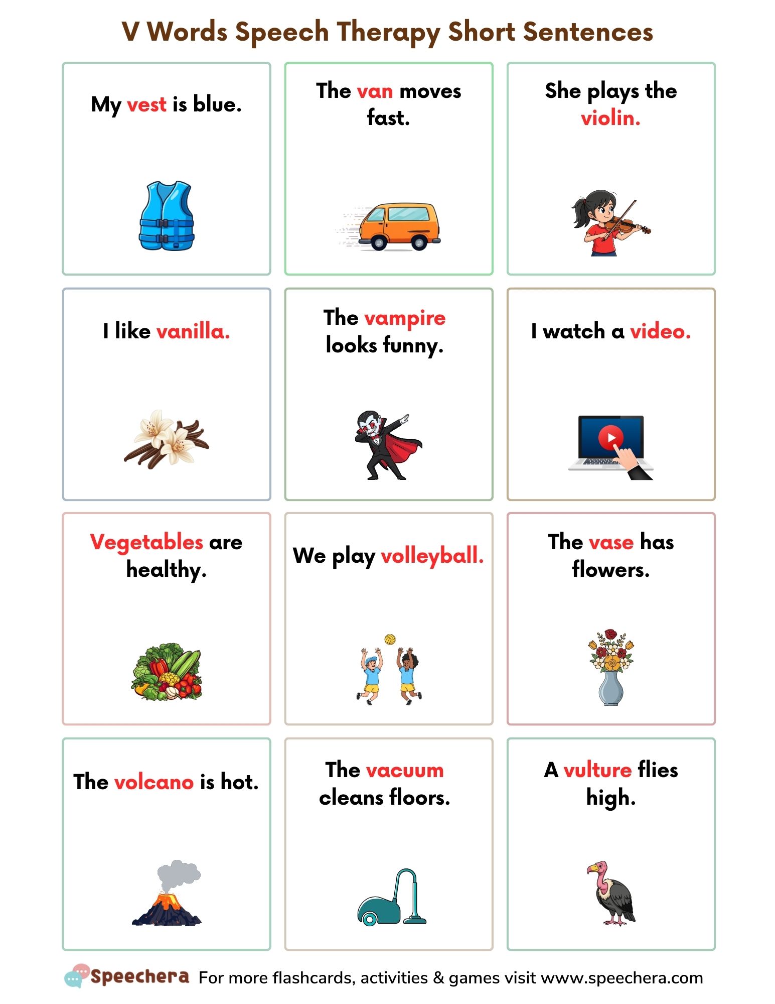V Words Speech Therapy Short Sentences Worksheets | Speech Era