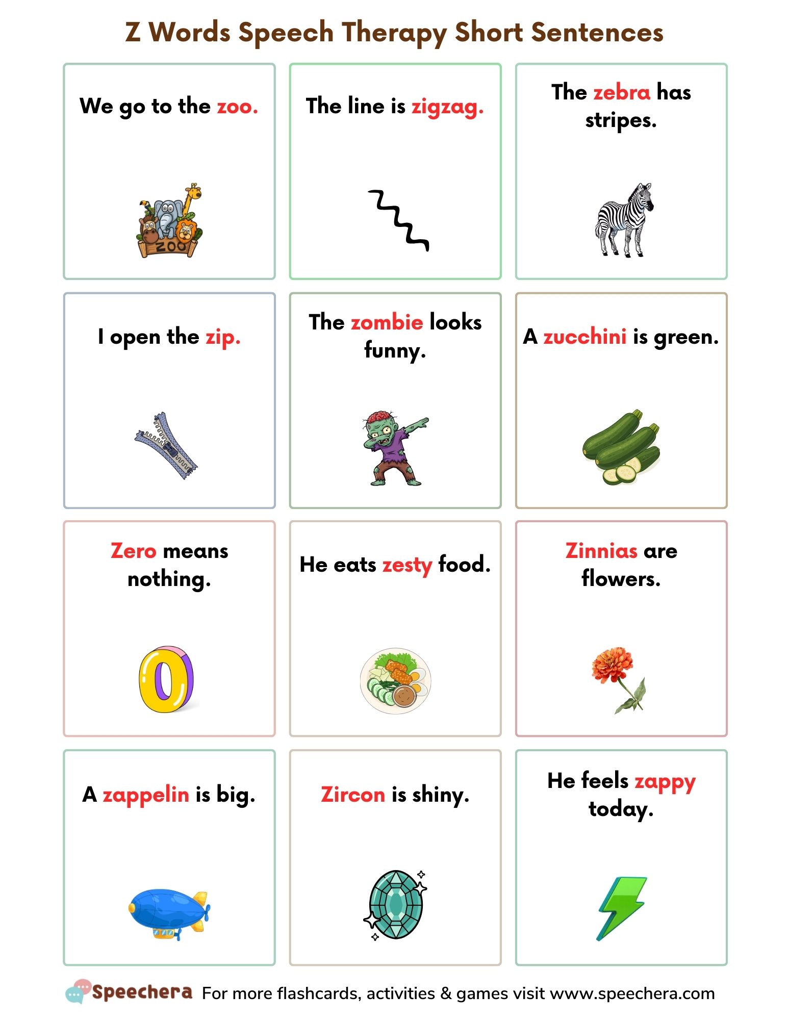 Z Words Speech Therapy Short Sentences Worksheets | Speech Era