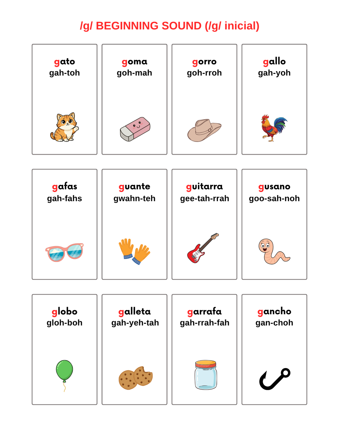 Spanish G Sound Speech Therapy Worksheet and Flashcards | Speech Era