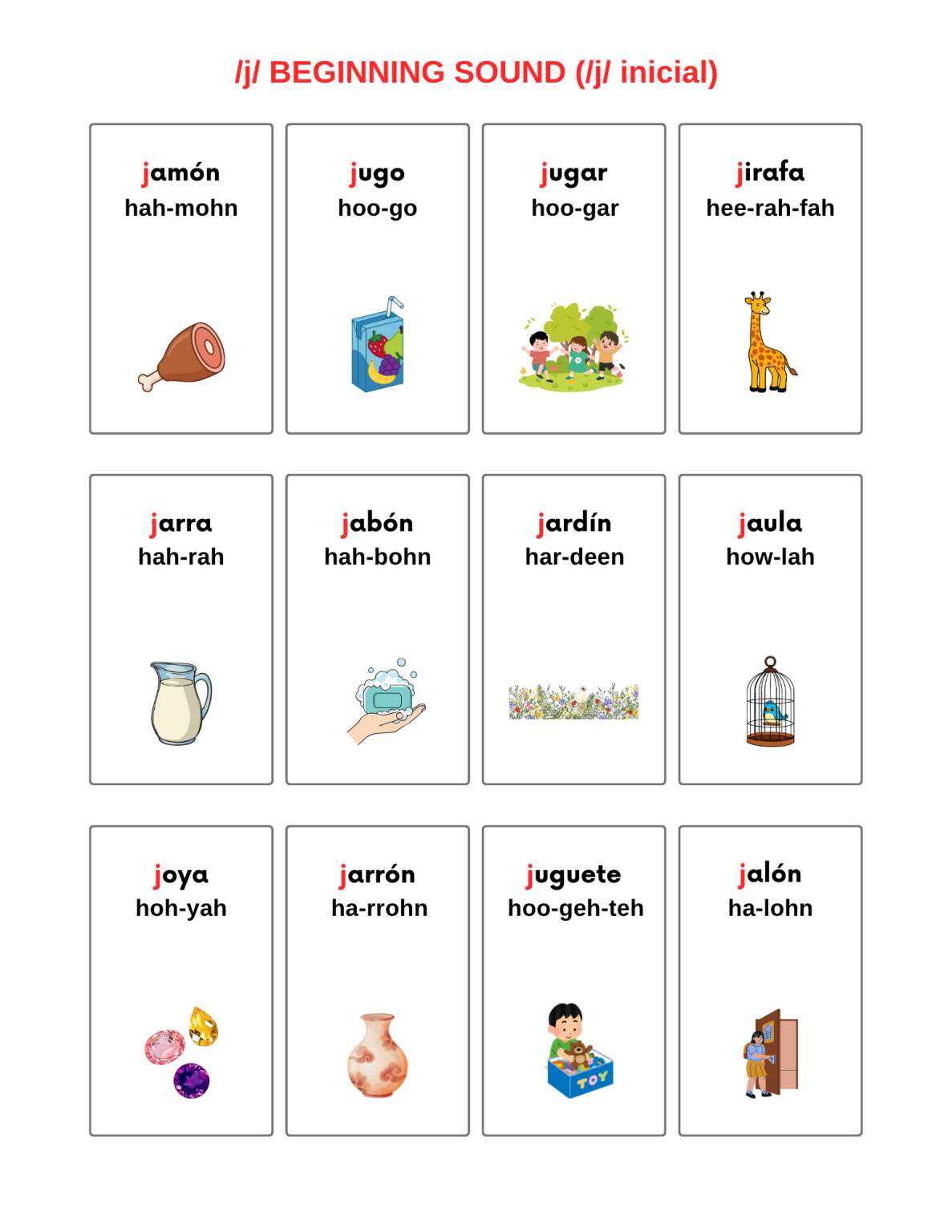 Spanish J Sound Speech Therapy Worksheet and Flashcards | Speech Era