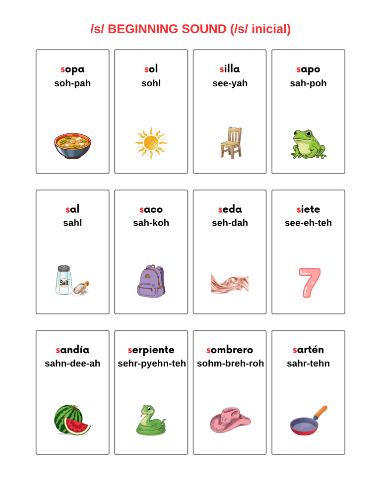 Spanish S Sound Speech Therapy Worksheet and Flashcards | Speech Era